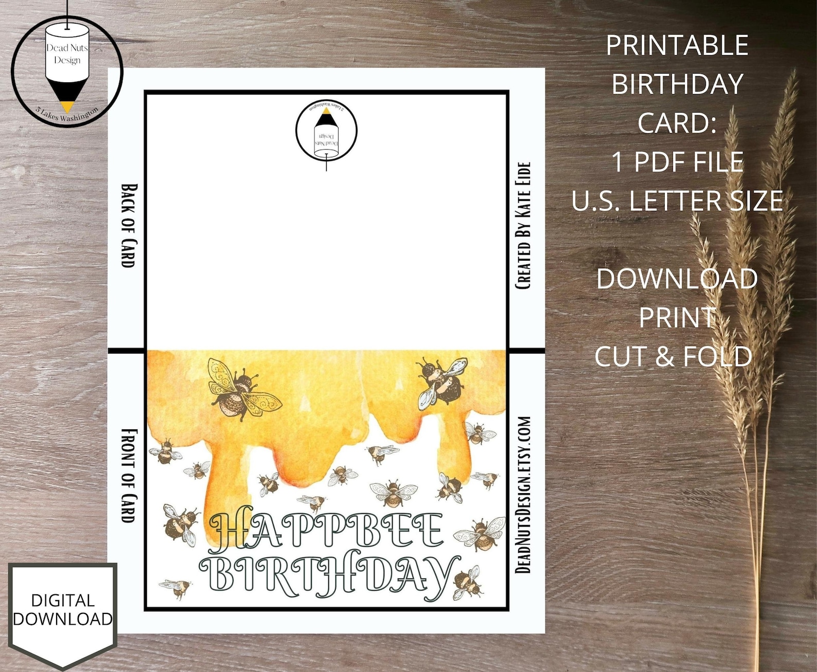 Printable Happy Birthday Card, Birthday Bee Card, Honey Bee Instant ...