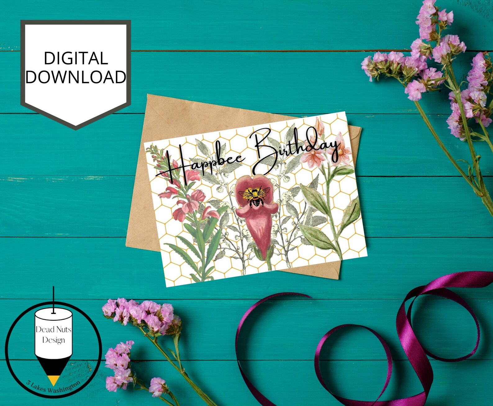 Printable Happy Birthday Card, Happbee Birthday Honey Bee Floral Card ...