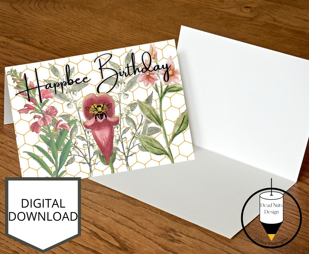 Printable Happy Birthday Card, Happbee Birthday Honey Bee Floral Card ...