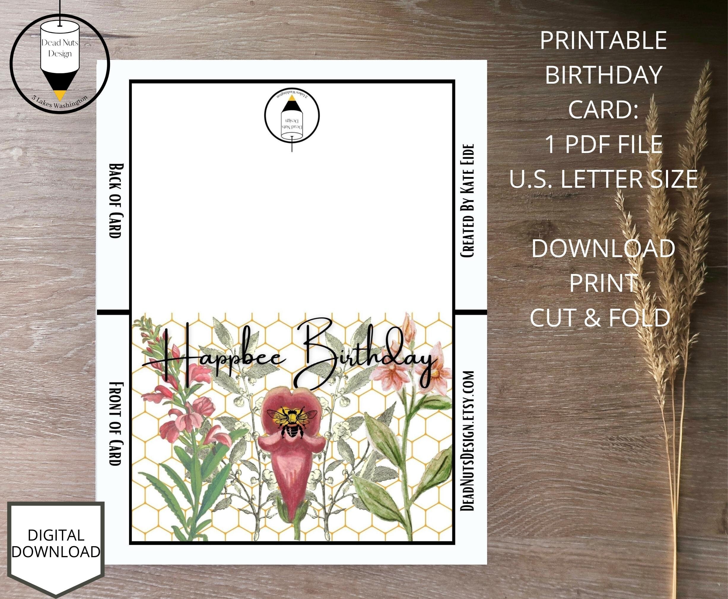Printable Happy Birthday Card, Happbee Birthday Honey Bee Floral Card ...