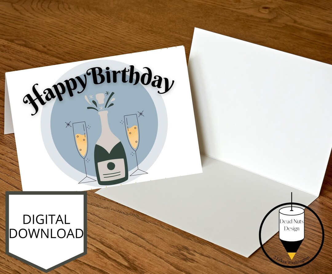 Printable Happy Birthday Champagne Card, Birthday Card Instant Download ...