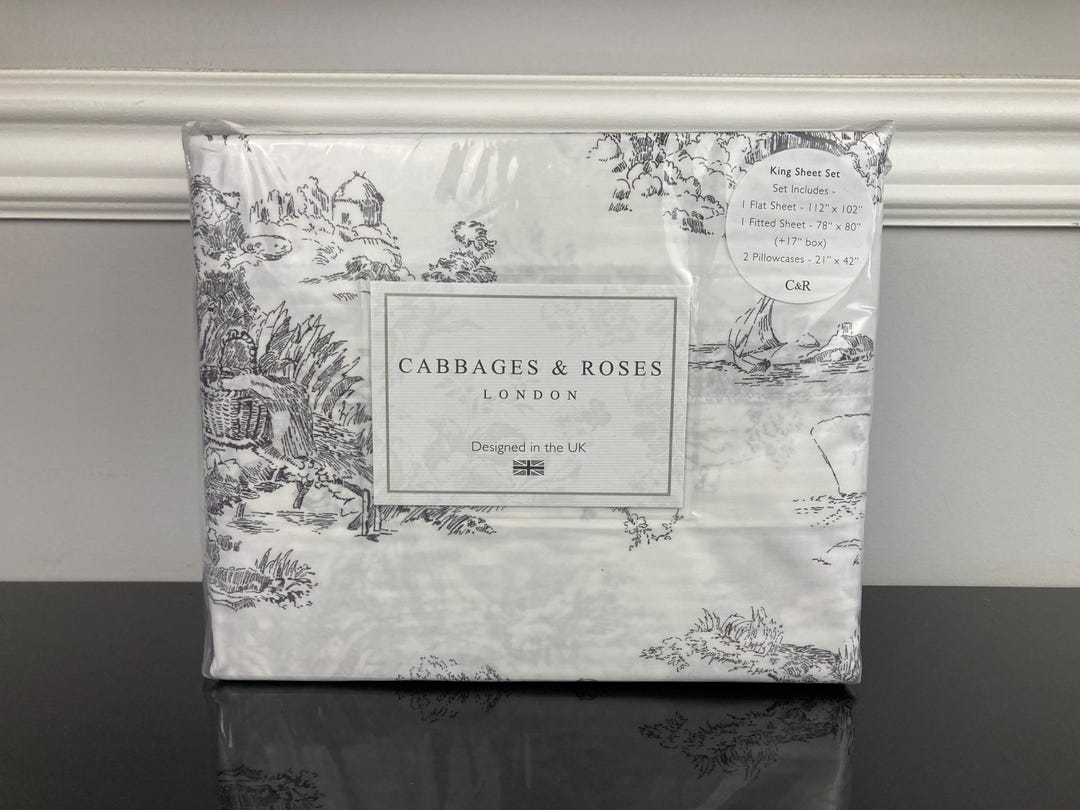 CABBAGES & ROSES London Country Toile Charcoal Scene Cottage Farmhouse ...