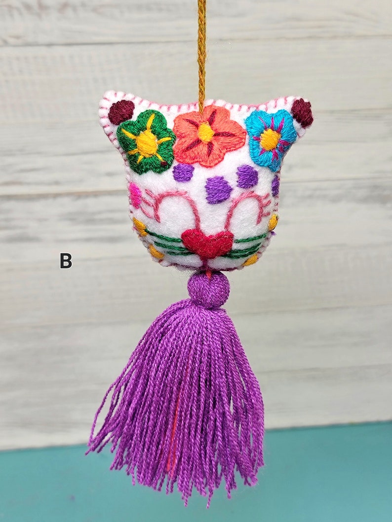 Hand Embroidered Cat Tassel | Handmade Mexican Pom Pom Kitty Ornament ...