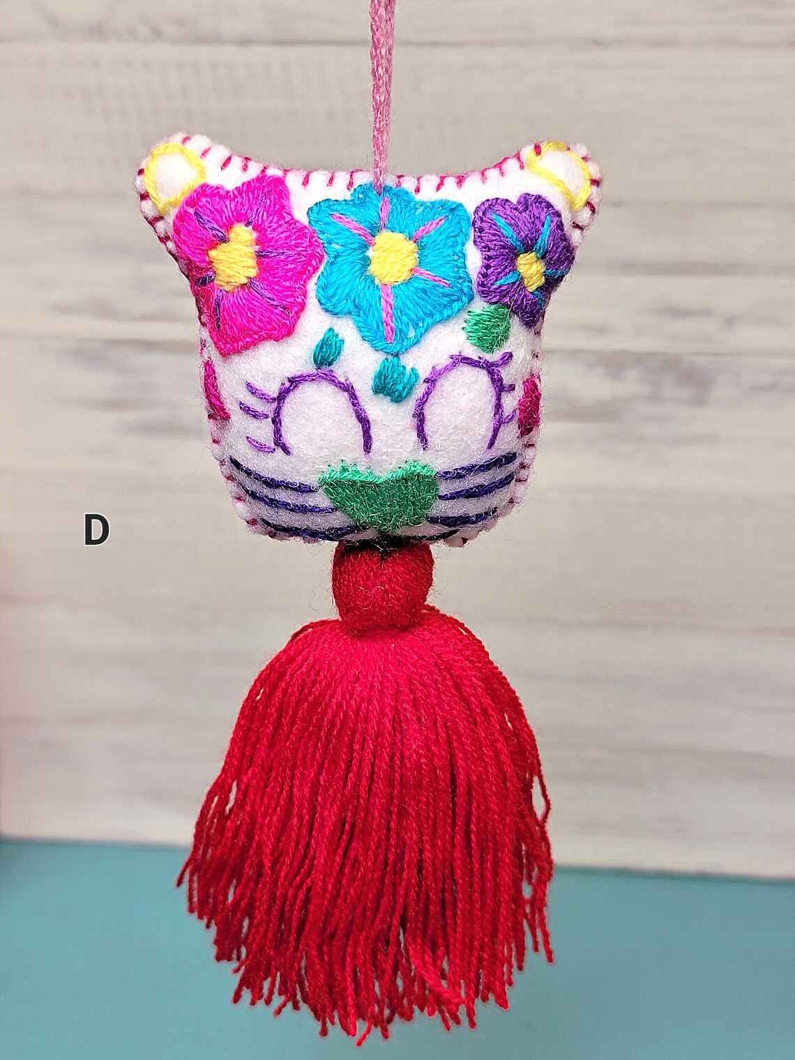 Hand Embroidered Cat Tassel | Handmade Mexican Pom Pom Kitty Ornament ...