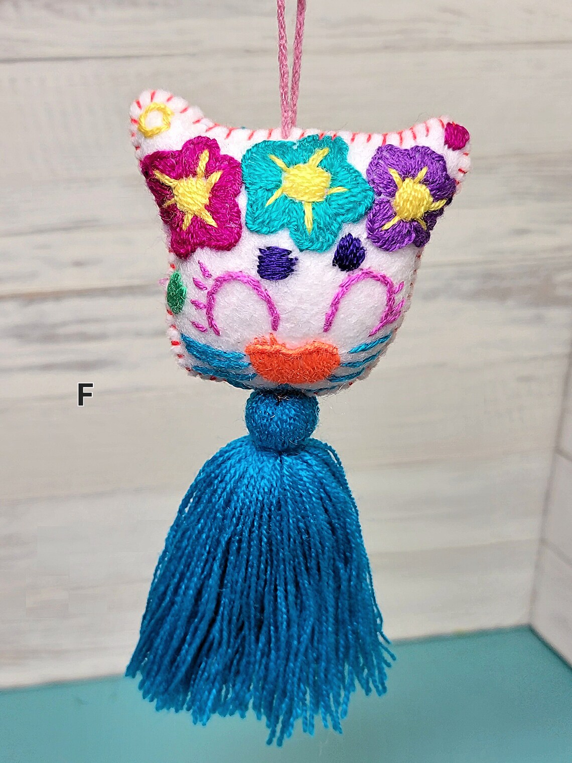 Hand Embroidered Cat Tassel | Handmade Mexican Pom Pom Kitty Ornament ...