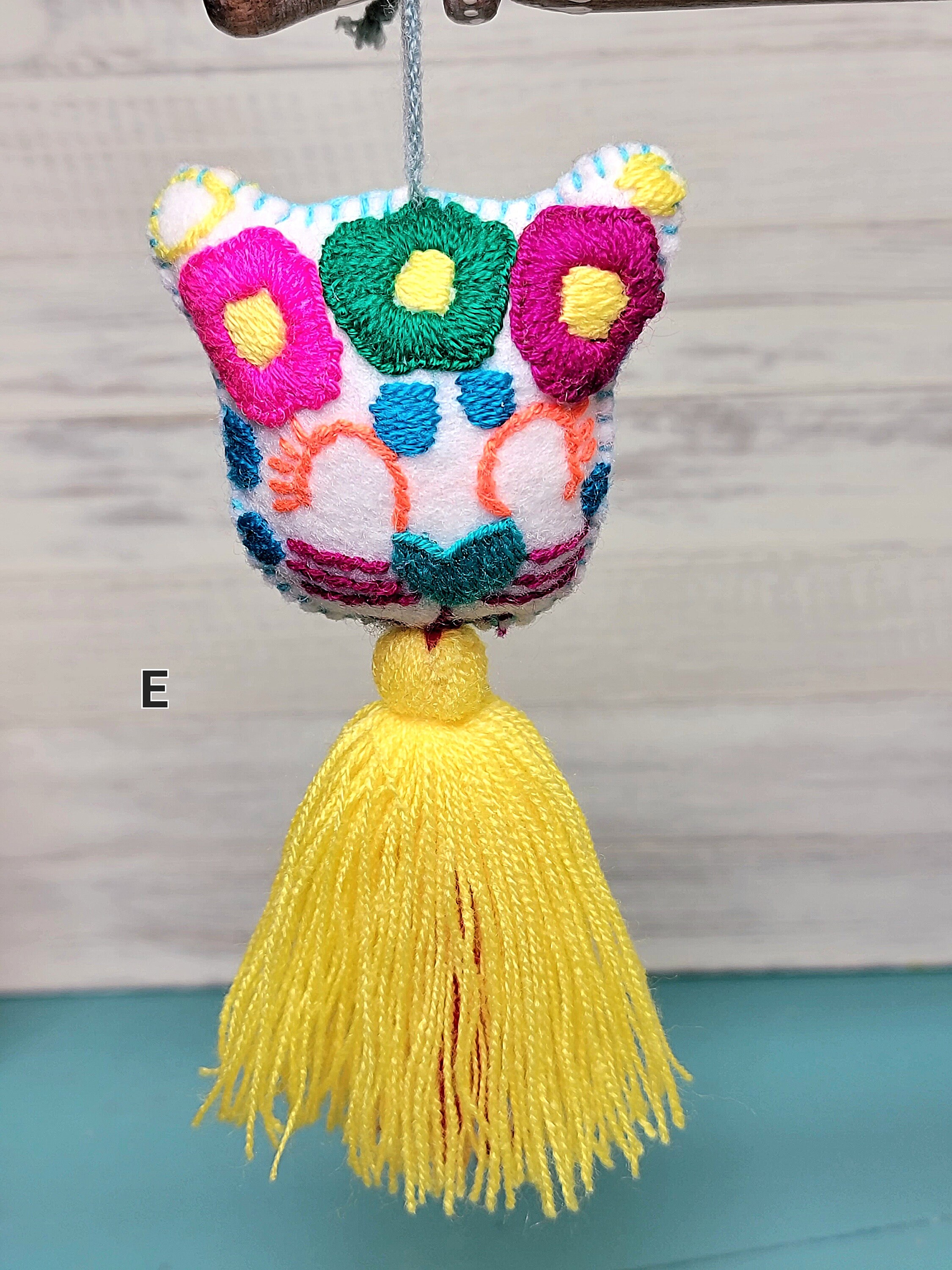 Hand Embroidered Cat Tassel | Handmade Mexican Pom Pom Kitty Ornament ...