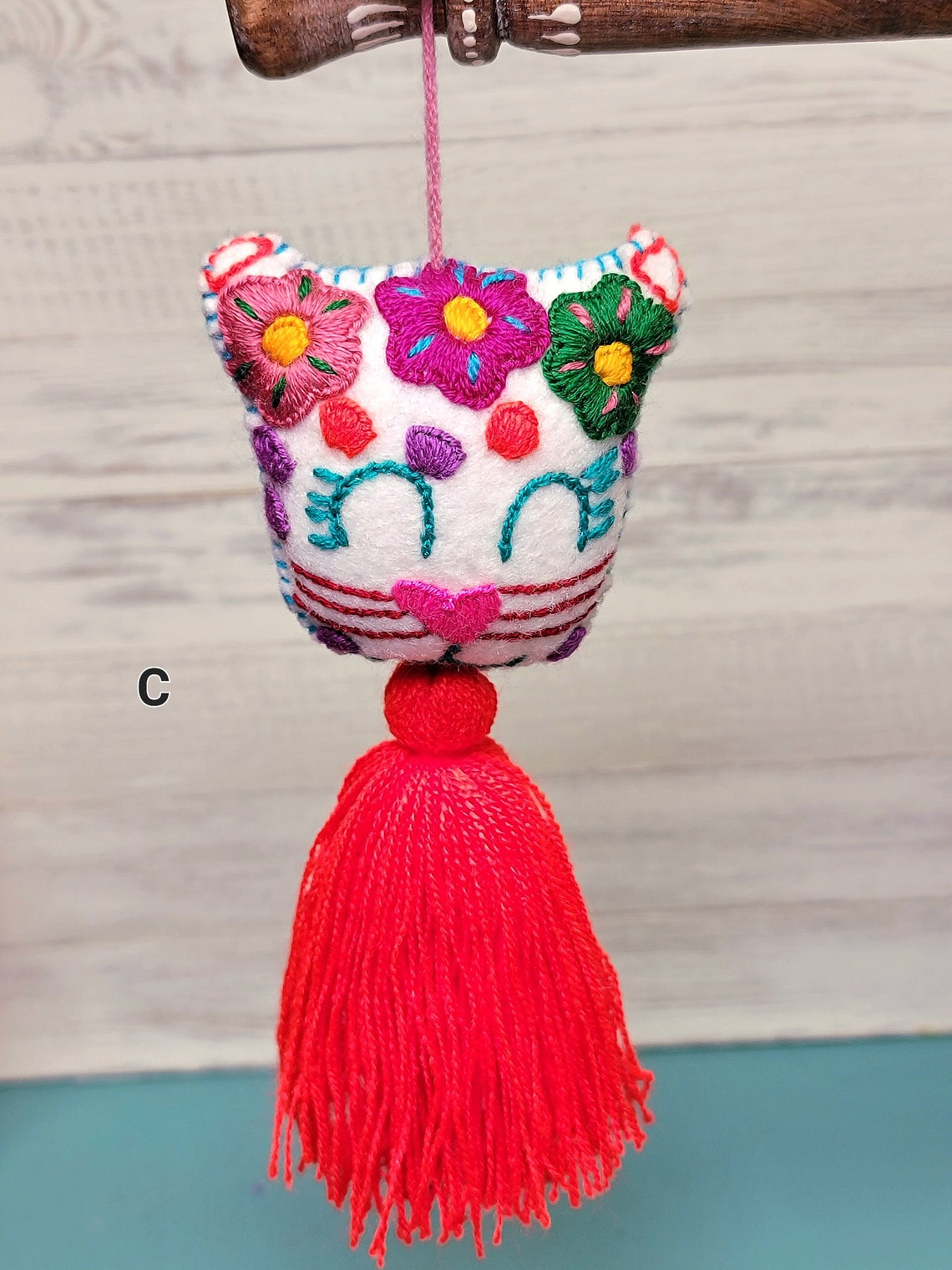 Hand Embroidered Cat Tassel | Handmade Mexican Pom Pom Kitty Ornament ...