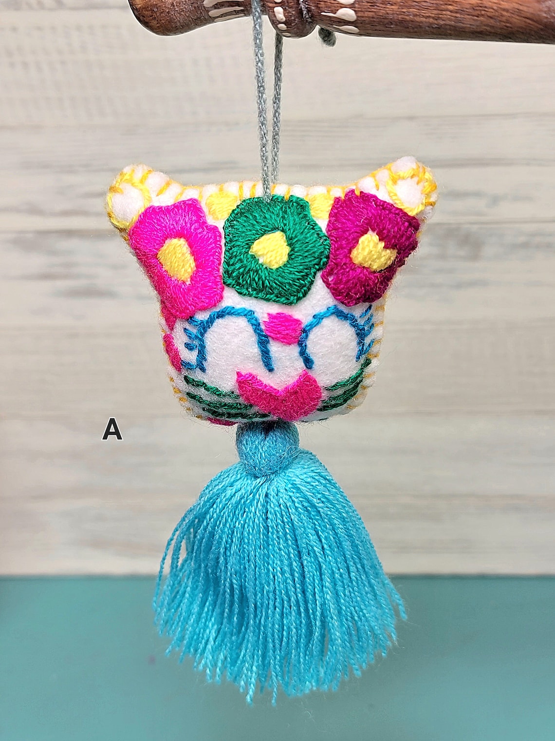 Hand Embroidered Cat Tassel | Handmade Mexican Pom Pom Kitty Ornament ...