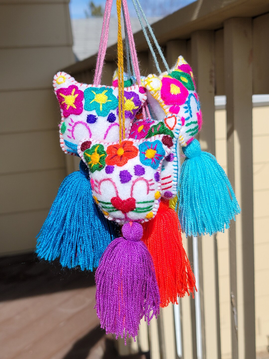 Hand Embroidered Cat Tassel | Handmade Mexican Pom Pom Kitty Ornament ...