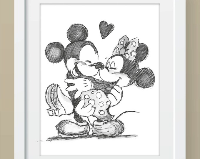 Mickey and Minnie Inspired Hand Drawn Print (A4) - Etsy
