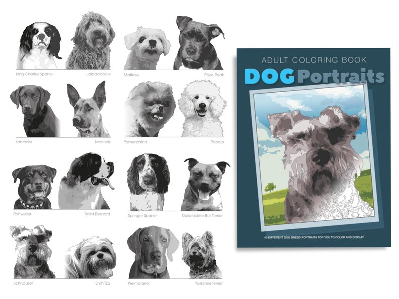 Dog Portraits Adult Coloring Downloadable Pages | 40 Different Dog ...