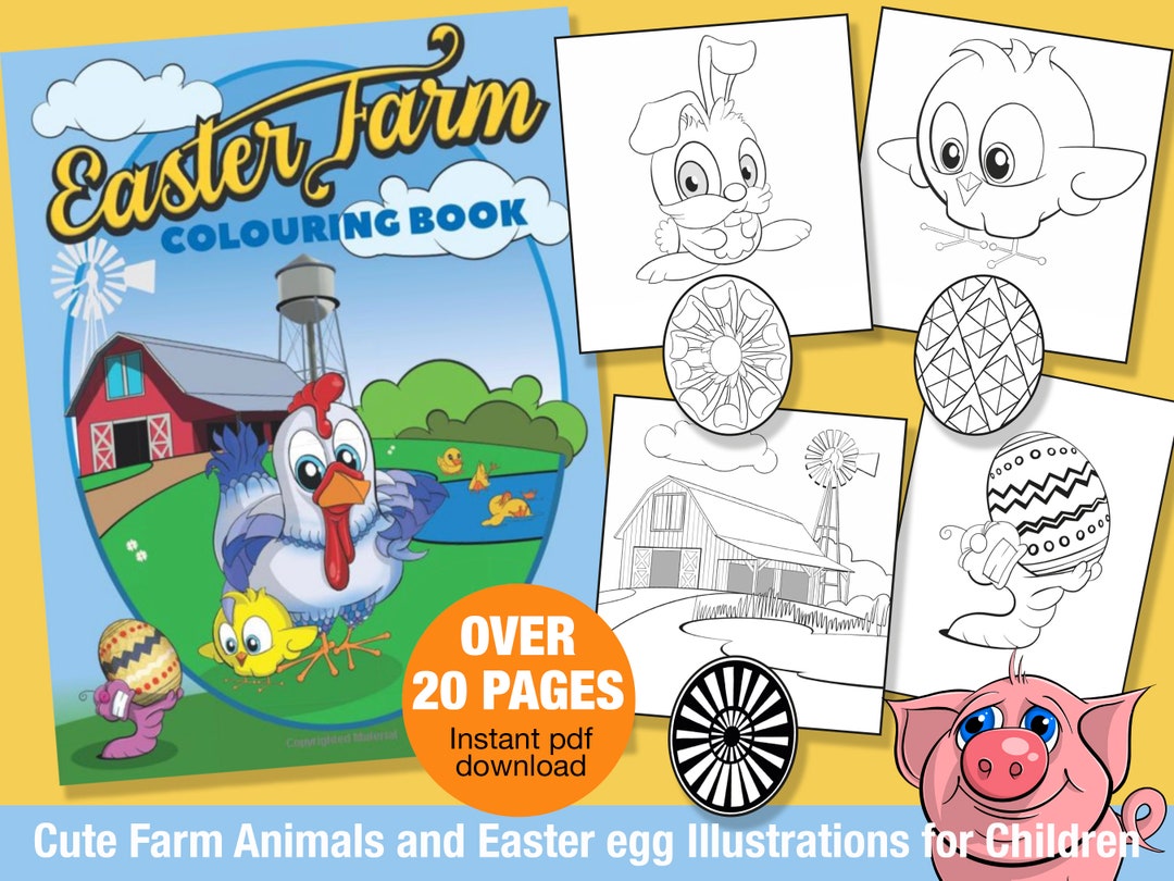 Easter Farm Coloring Book: Cute Farm Animals & Easter Egg Illustrations ...