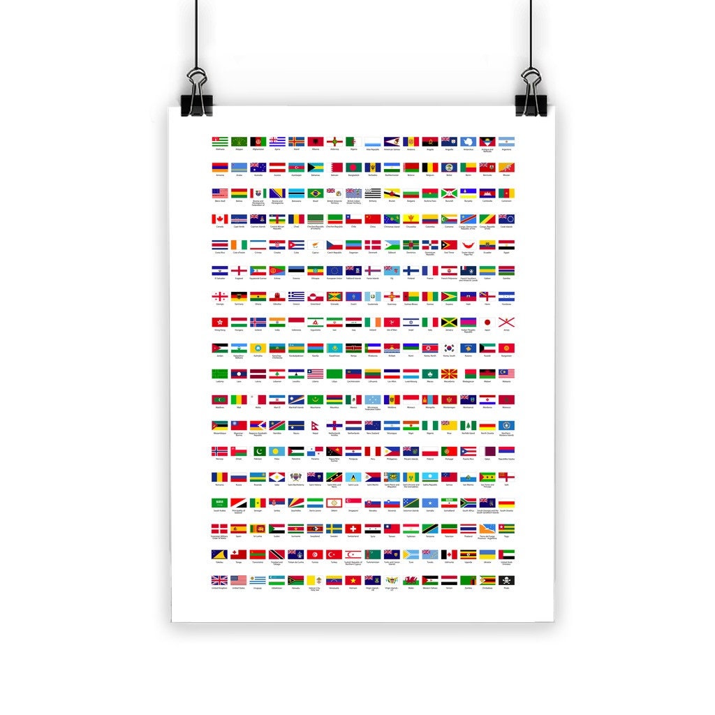 Flags of the World Educational Poster, World Traveller Gift Wall Art ...