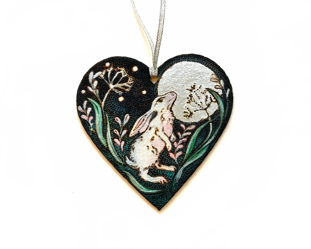 Moon Gazing Hare, Hand Painted Pyrography, Original Art OOAK, Hanging ...