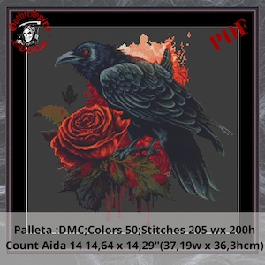 Raven With Red Roses Gothic Cross Stitch Pattern for Black Fabric ...