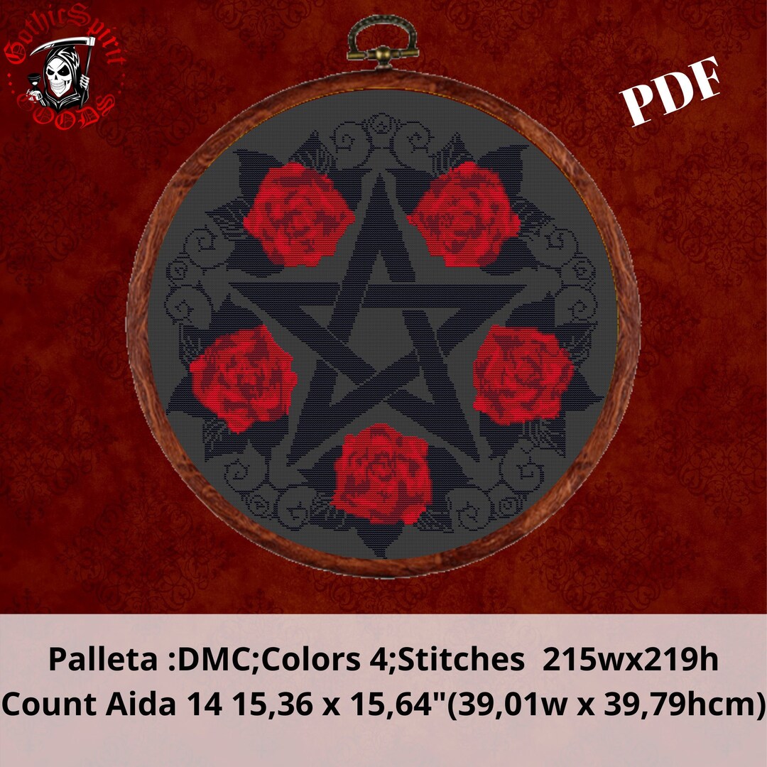 Pentagram With Roses Gothic Cross Stitch Pattern for Black Fabric ...