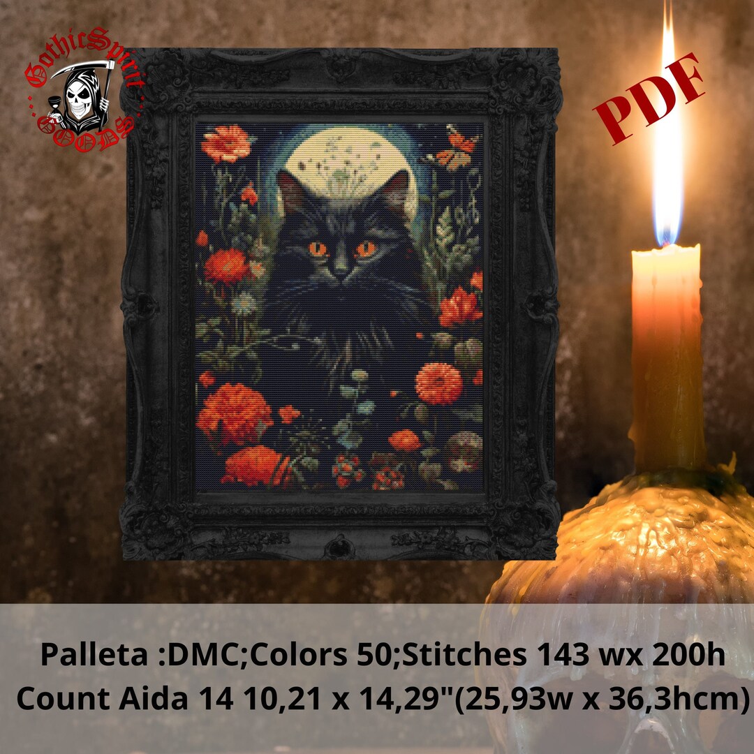 Gothic Botanical Cat, Gothic Cross Stitch Pattern for Black Fabric ...