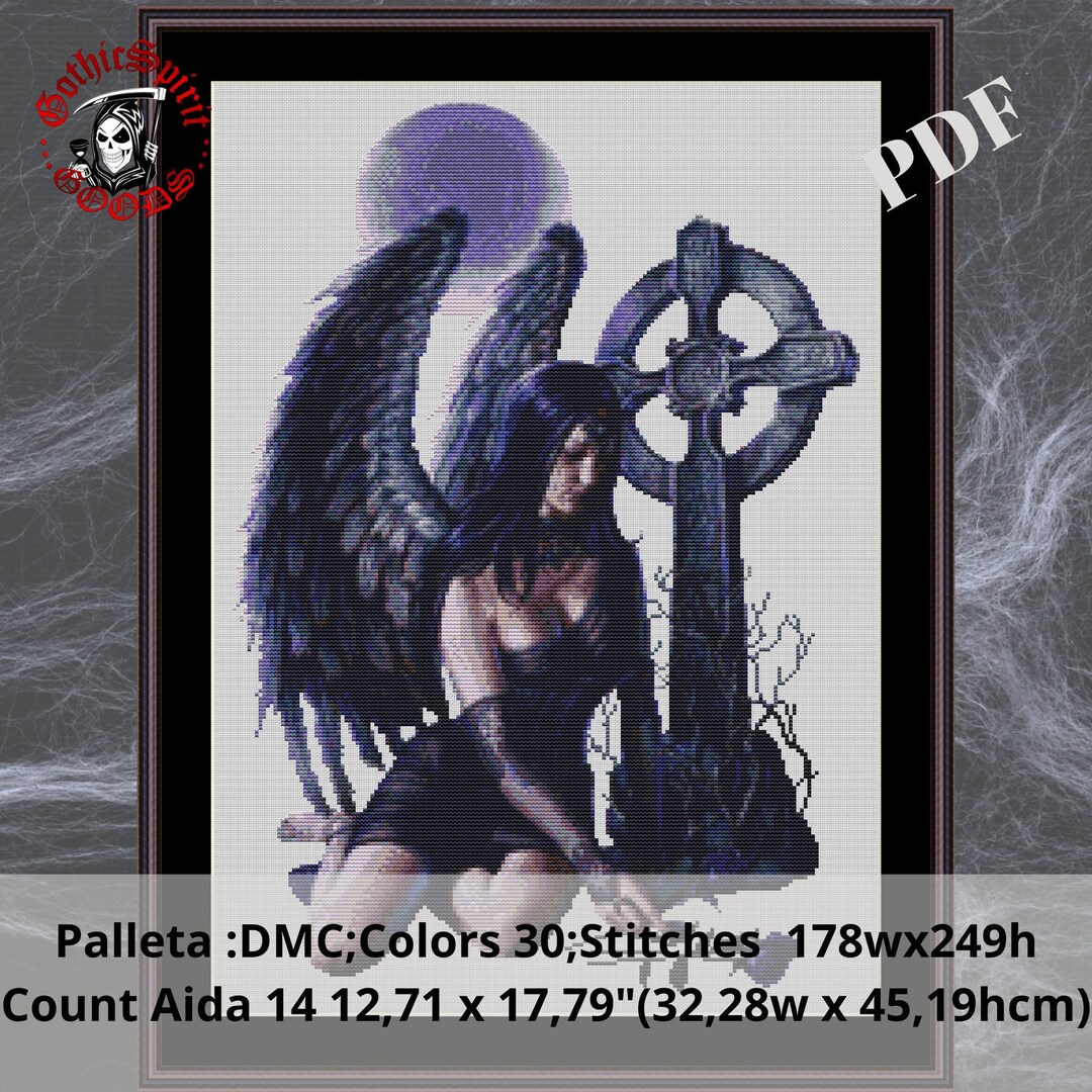 Fallen Angel Gothic Cross Stitch Pattern for Black Fabric - Easy ...