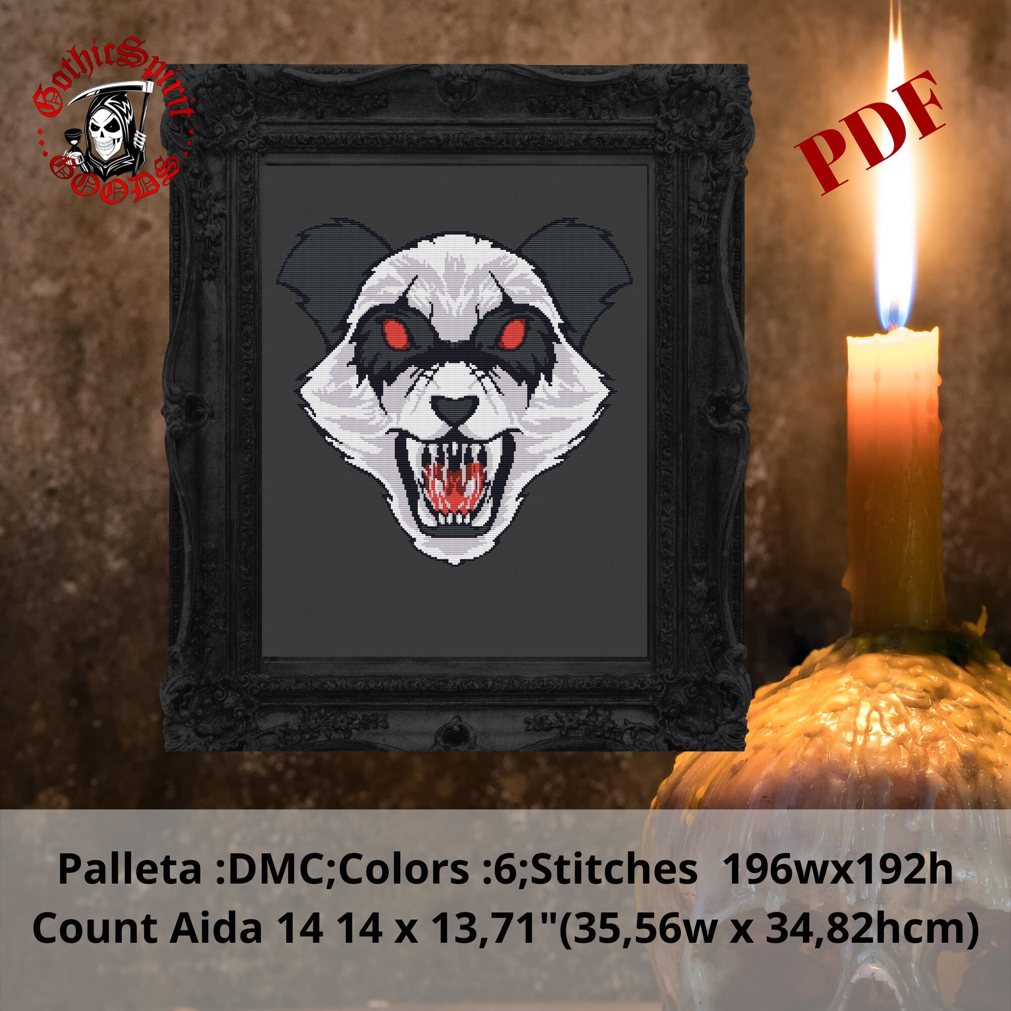Panda Gothic Cross Stitch Pattern for Black Fabric Easy | Etsy