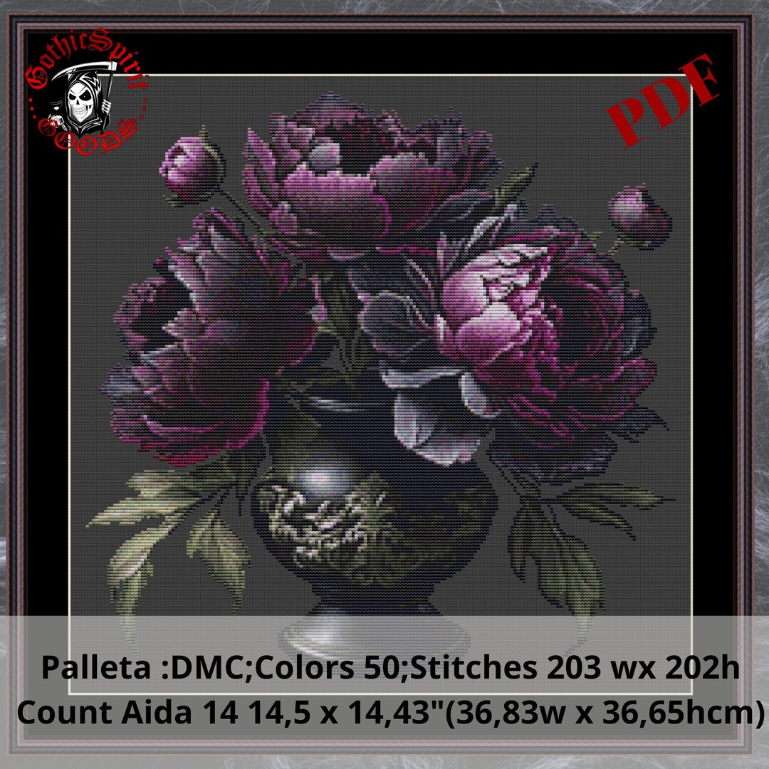 Gothic Vase With Dark Peonies, Gothic Cross Stitch Pattern for Black ...