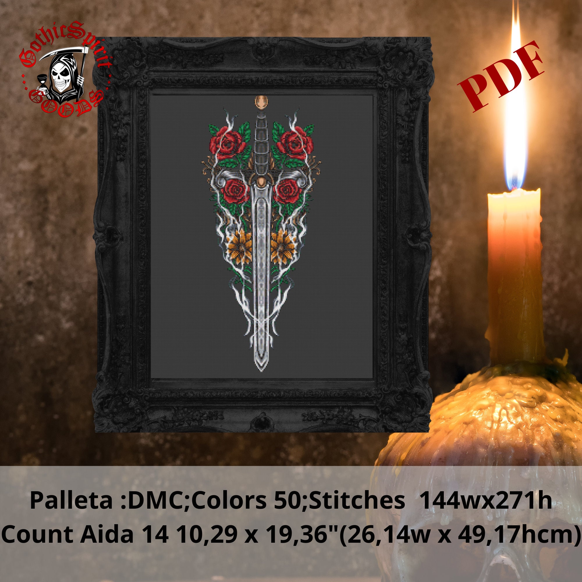Sword With Roses Gothic Cross Stitch Pattern for Black Fabric - Etsy