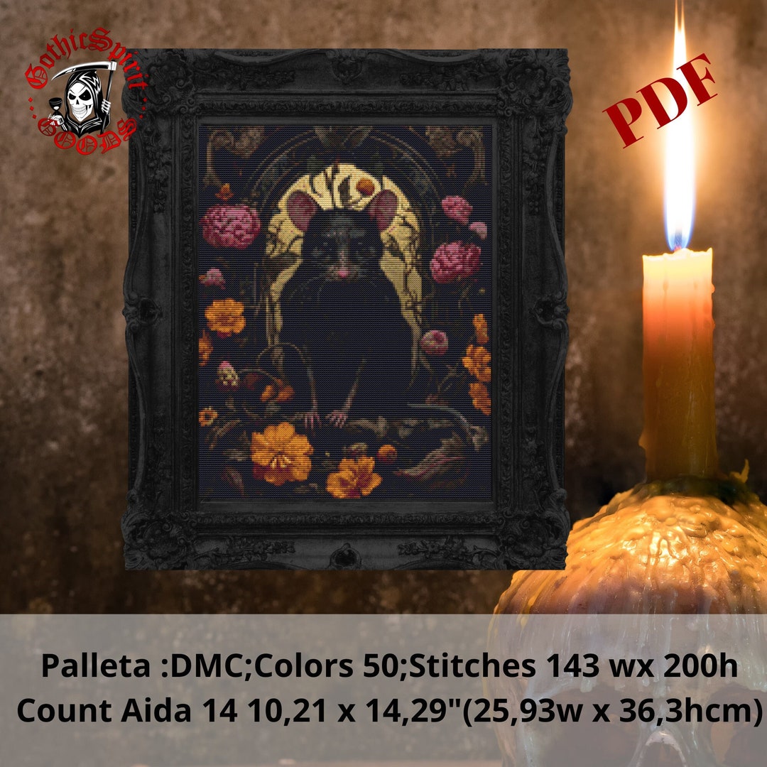 Gothic Botanical Rat, Gothic Cross Stitch Pattern for Black Fabric ...