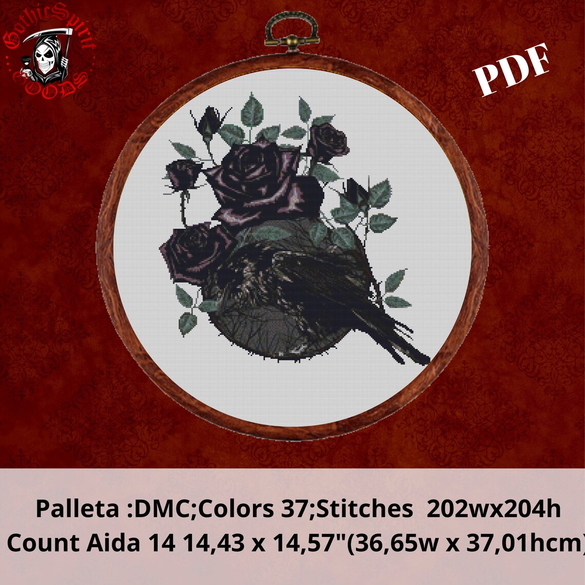 Raven With Black Roses Gothic Cross Stitch Pattern for Black Fabric ...