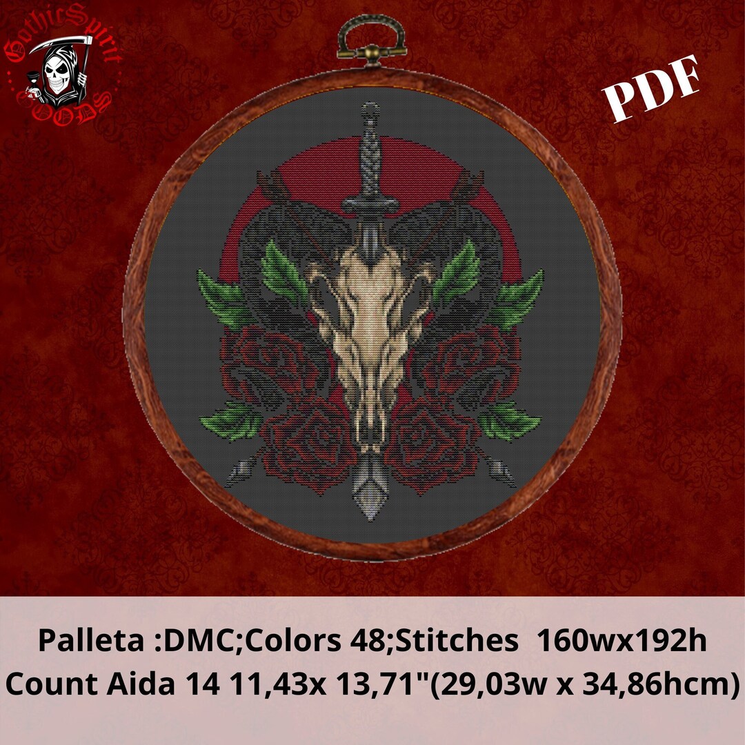 Goat Skull , Sword , Arrows and Roses Gothic Cross Stitch Pattern for ...