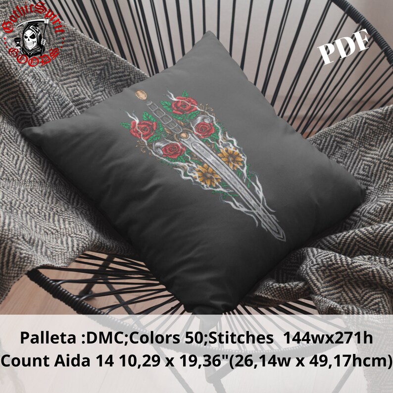 Sword With Roses Gothic Cross Stitch Pattern for Black Fabric - Etsy