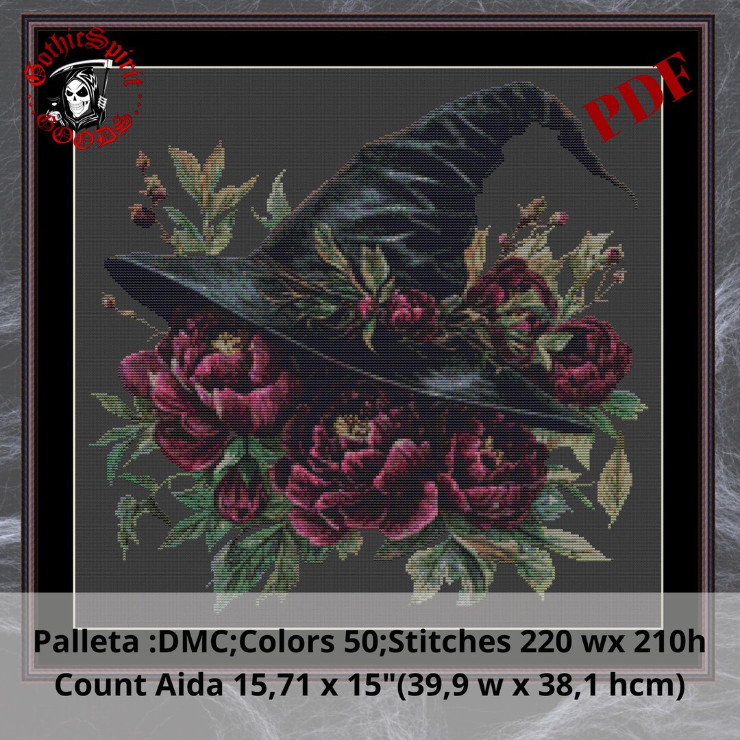 Gothic Peonies Witch Hat Cross Stitch Pattern, Burgundy Floral (PDF ...