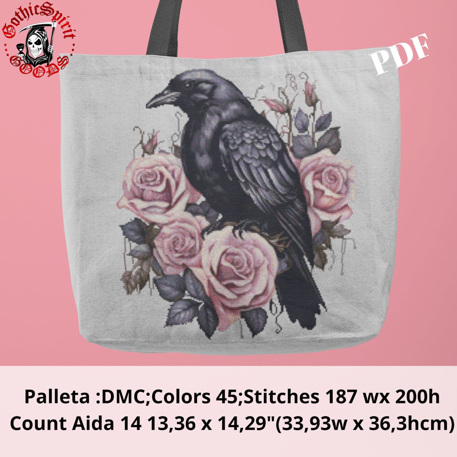 Gothic Raven With Pink Roses , Gothic Cross Stitch Pattern for Black ...