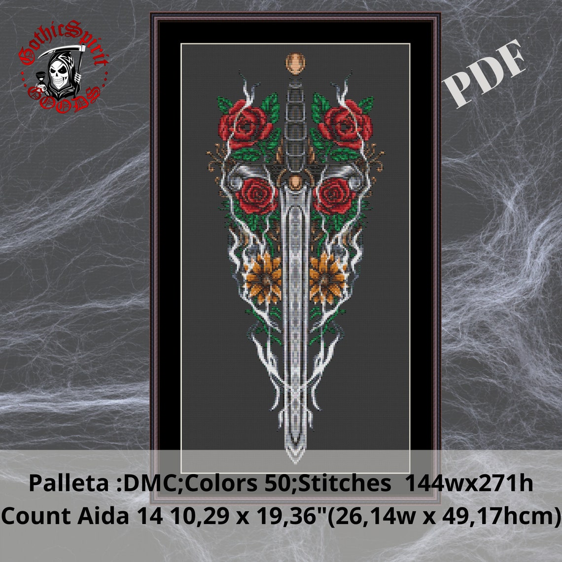 Sword With Roses Gothic Cross Stitch Pattern for Black Fabric - Etsy