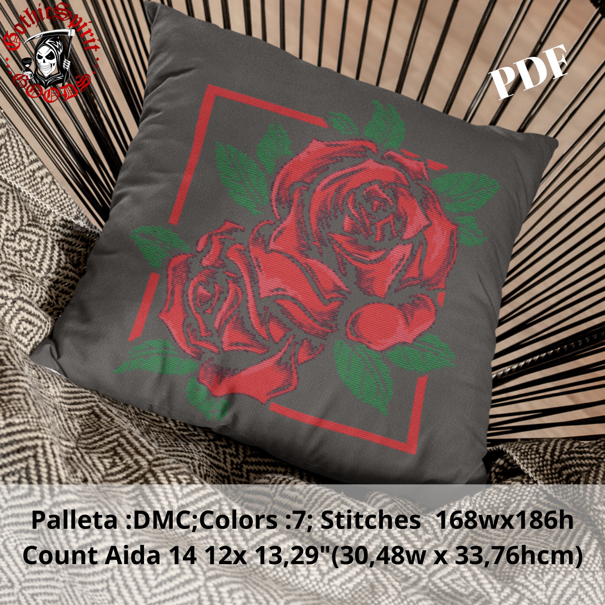 Gothic Red Roses, Gothic Cross Stitch Pattern for Black Fabric - Easy ...