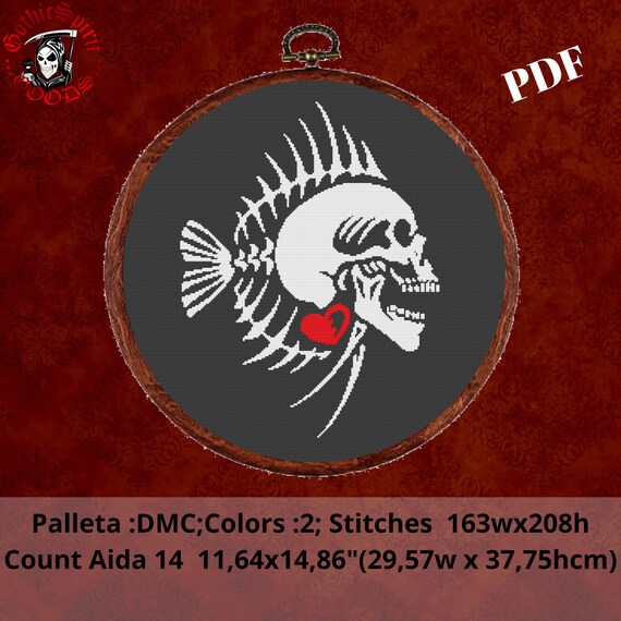 Skull With Fish Skeleton Gothic Cross Stitch Pattern for Black | Etsy