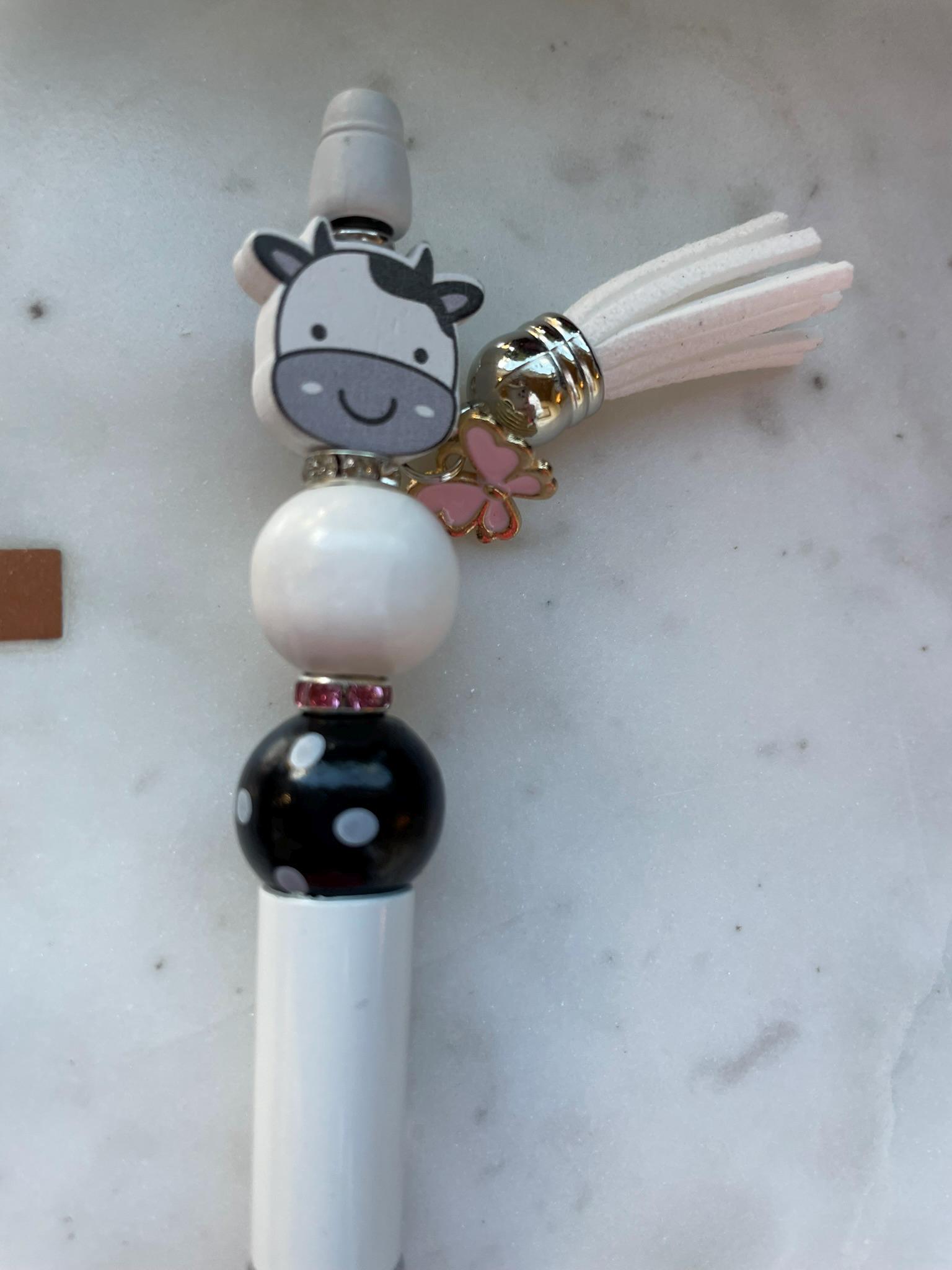 Cute Cow Beaded Pen W/tassel and Charm Variations. Plastic Barrel Cow ...