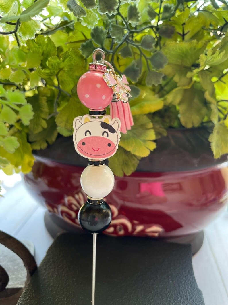Beaded Scribe Tool Pokey Weeding Tool Pink Cow Themed Wooden Beaded ...