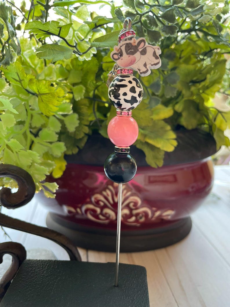Beaded Scribe Tool Pokey Weeding Tool Pink Cow Themed Wooden Beaded ...