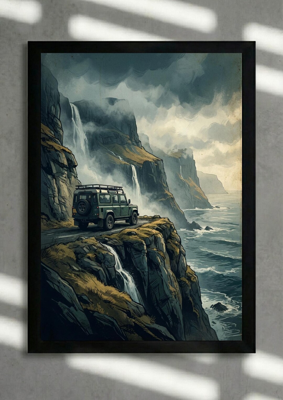 Classic Land Rover Defender Poster - Coastal Waterfall Cliff Print ...