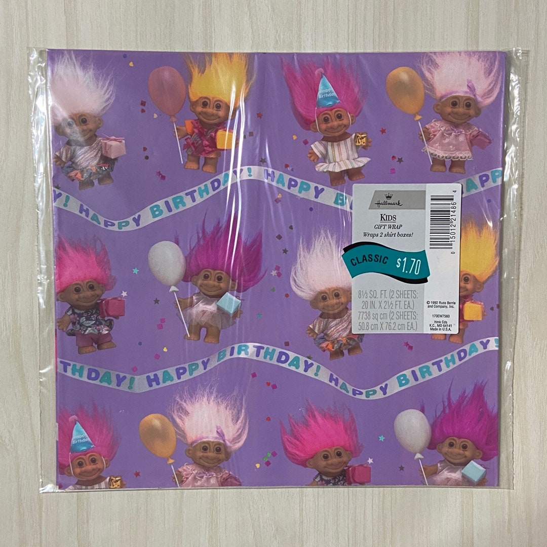90s TROLLS Gift Wrap Happy Birthday Hallmark Old Stock NOS Vintage ...