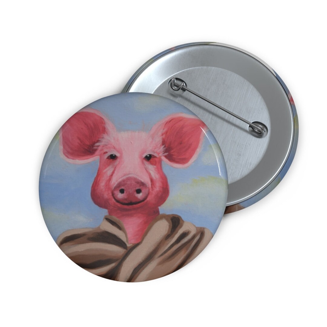 Pig in Blanket Pin Button: Cute Pink Pig Button Featuring a Print of an ...