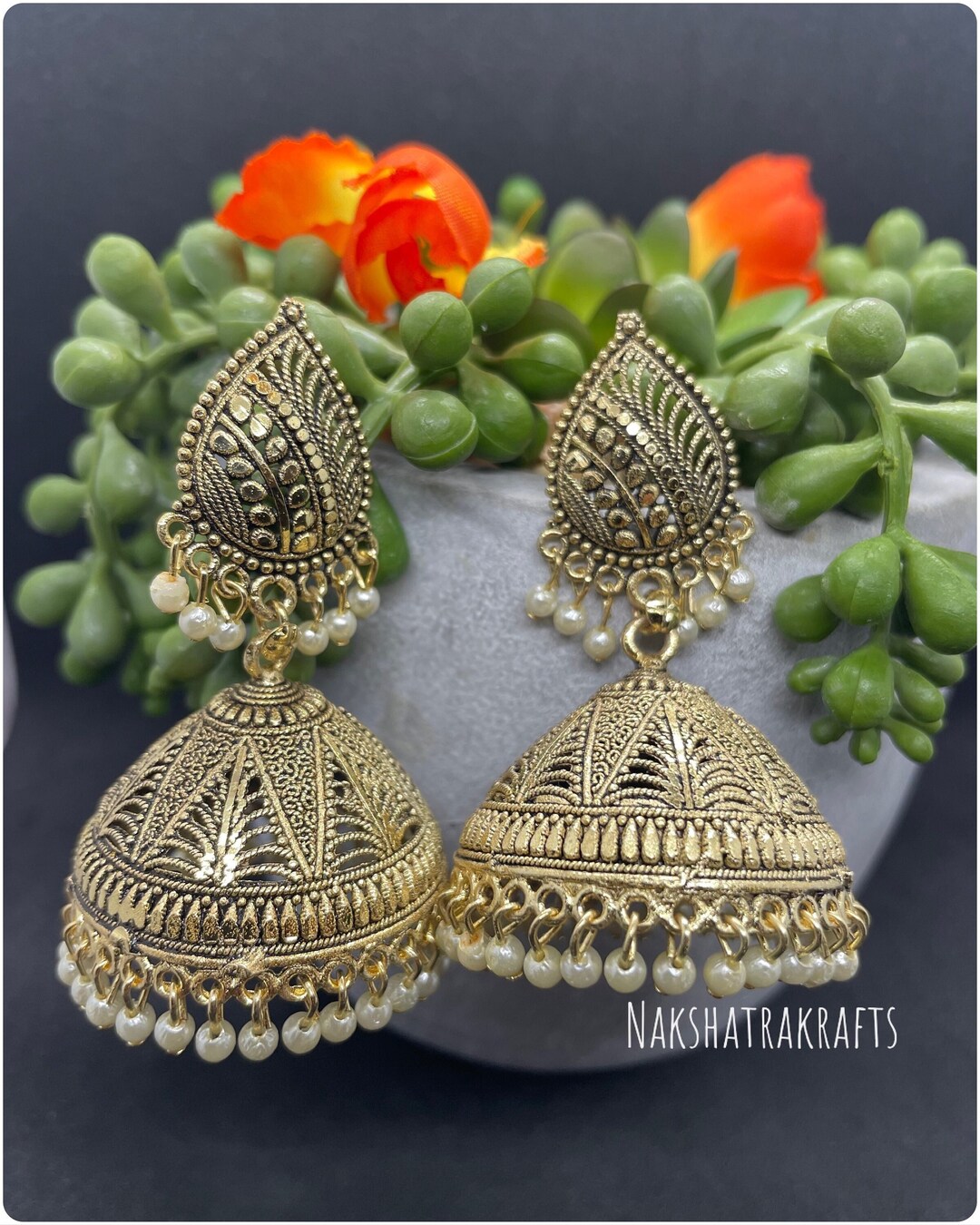Beautiful Palm Tree Design Big Gold Plated Oxidised Jhumkha/jhumki ...