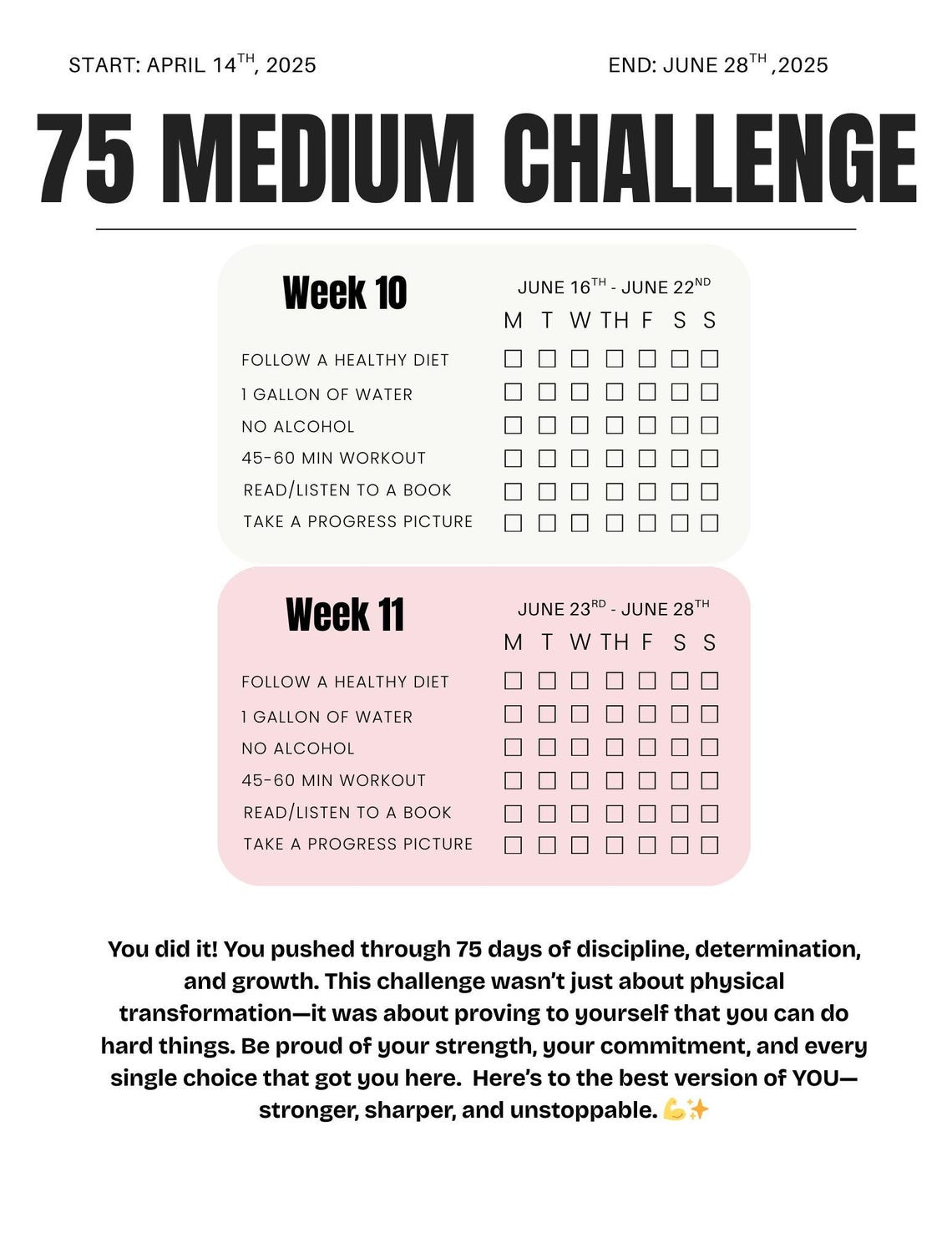 75 MEDIUM Challenge Tracker Printable PDF | 75 Day Fitness Habit ...