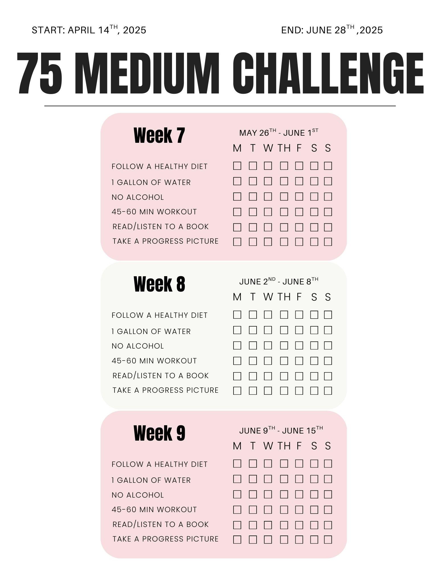 75 MEDIUM Challenge Tracker Printable PDF | 75 Day Fitness Habit ...