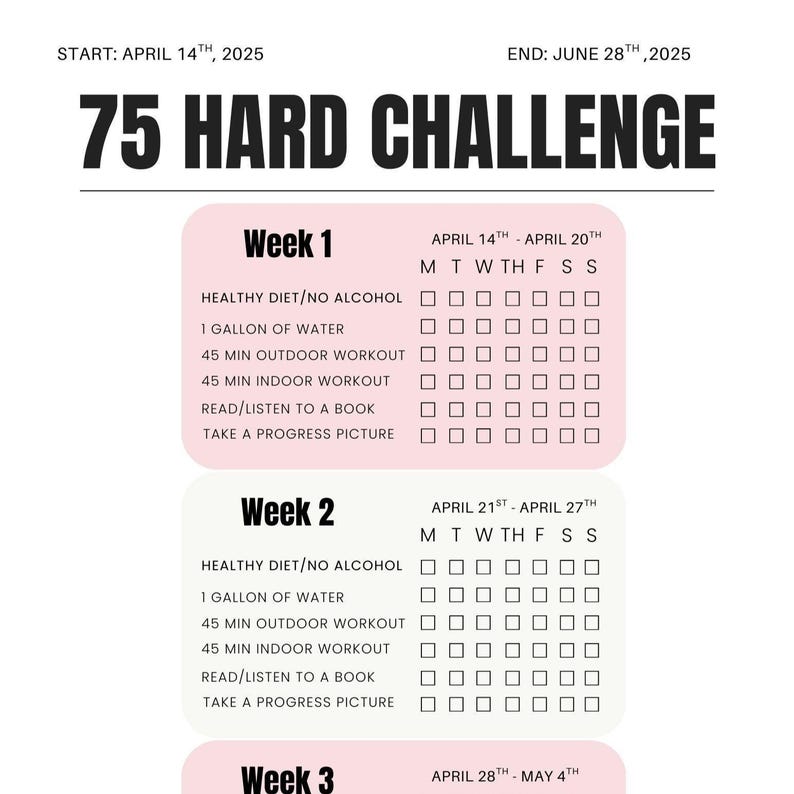 75 HARD Challenge Tracker Printable PDF | 75 Day Fitness Habit ...