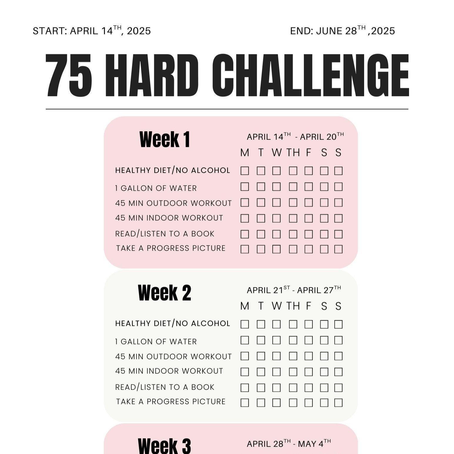 75 HARD Challenge Tracker Printable PDF | 75 Day Fitness Habit ...
