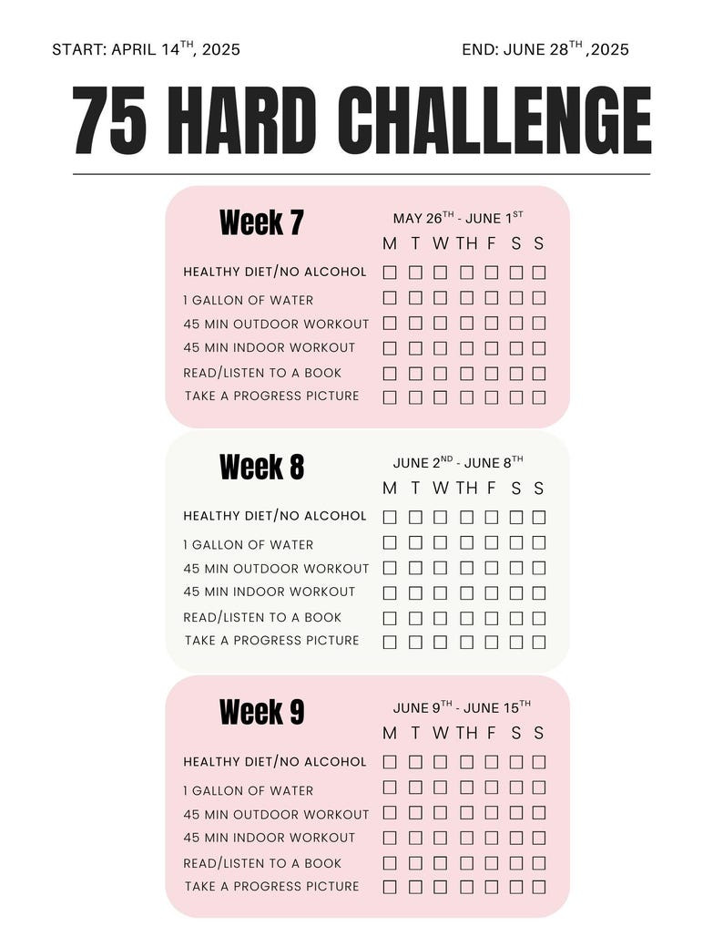 75 HARD Challenge Tracker Printable PDF | 75 Day Fitness Habit ...