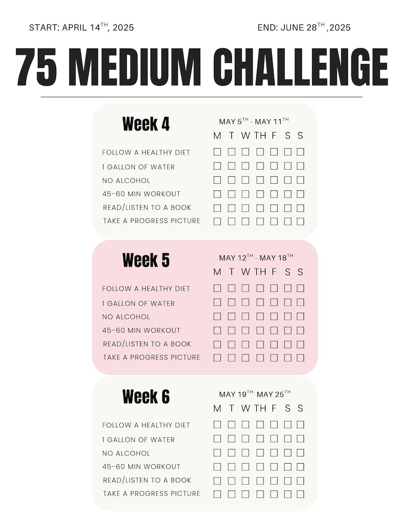 75 MEDIUM Challenge Tracker Printable PDF | 75 Day Fitness Habit ...