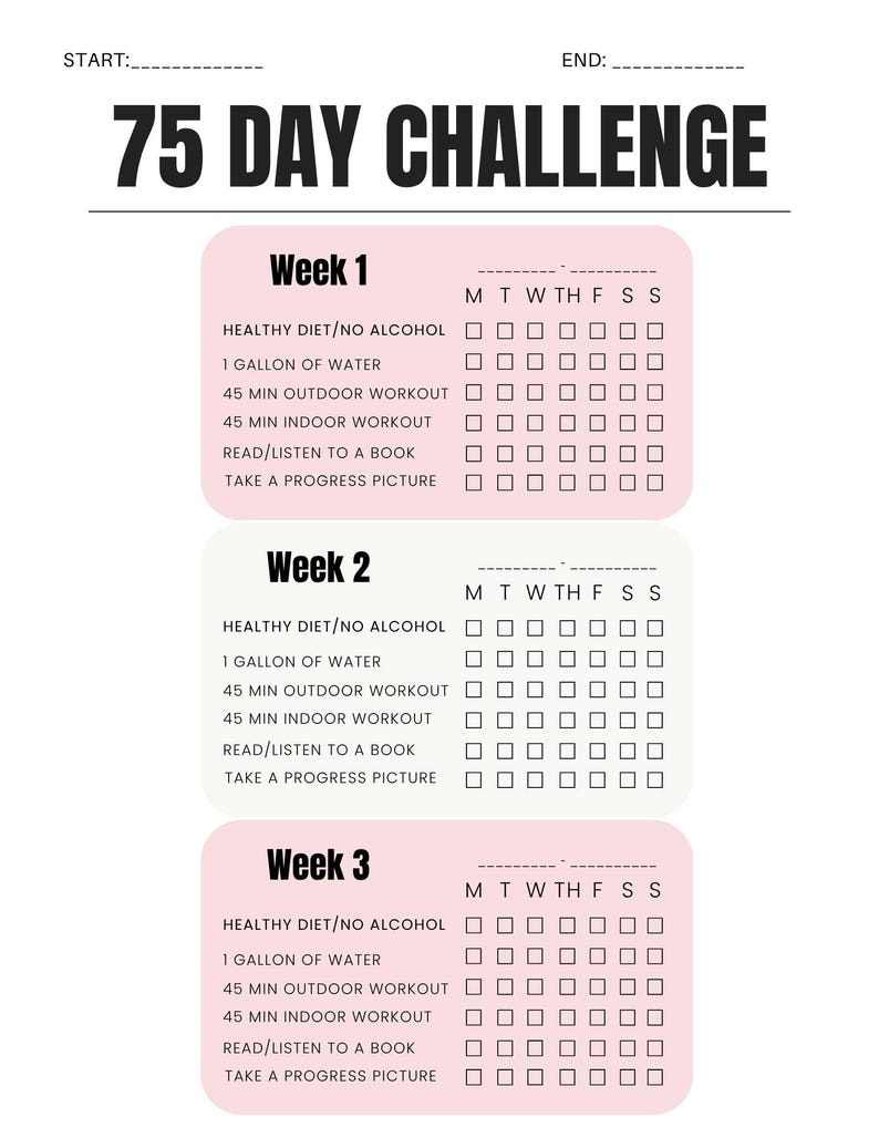 75 DAY Challenge Tracker Printable PDF | 75 Day Fitness Habit Countdown ...