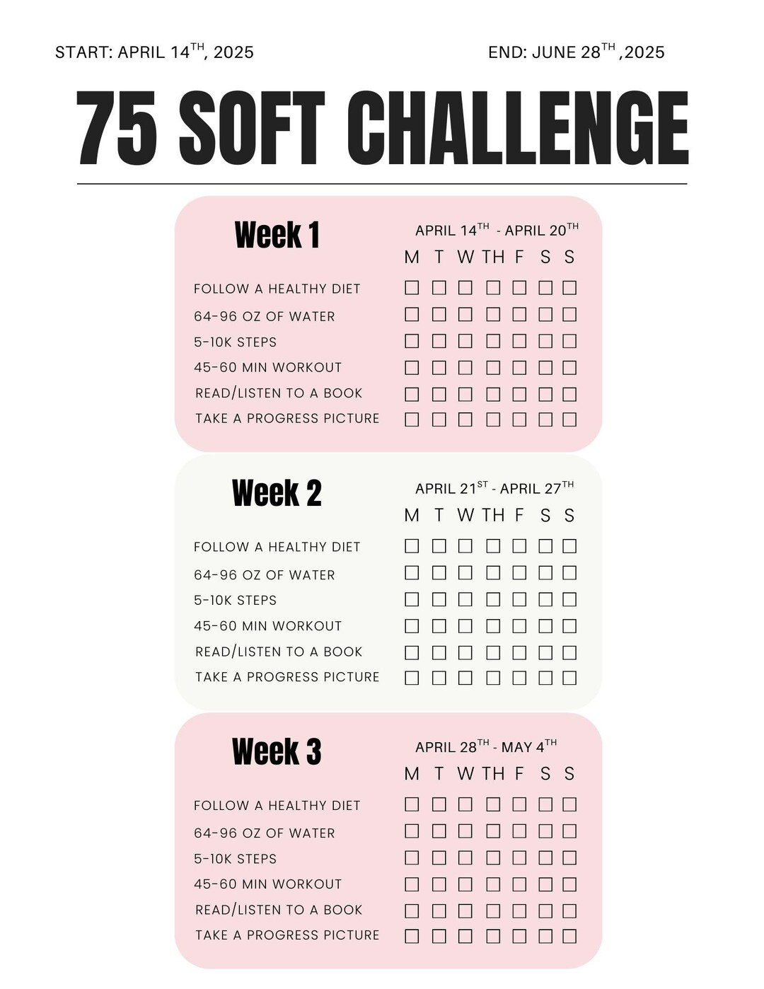 75 SOFT Challenge Tracker Printable PDF | 75 Day Fitness Habit ...