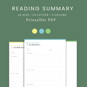 Reading Summary Printable PDF Reading keeper 3 colors | Etsy